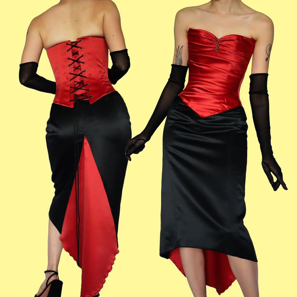 Red & black 3-piece corset, skirt & shawl co ord set UK 12 – Scum Vintage