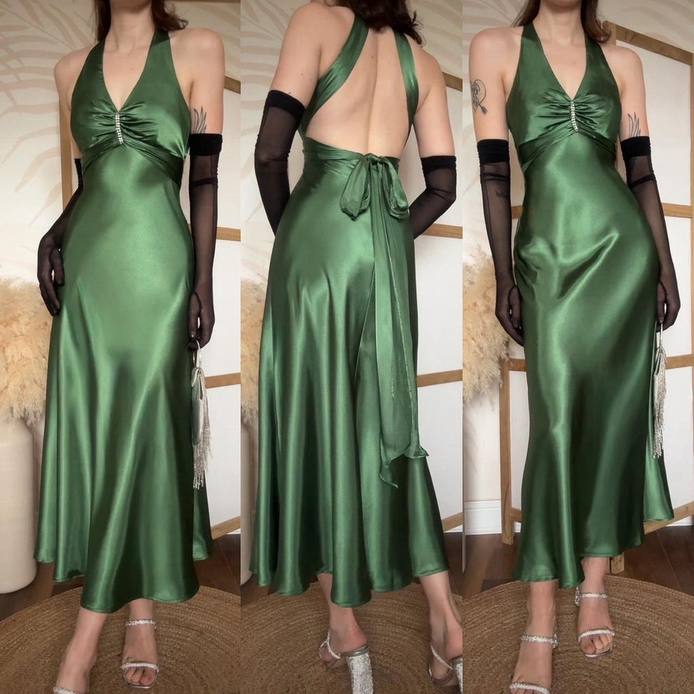 Green satin Niki Livas midi dress uk 8-10 – Scum Vintage