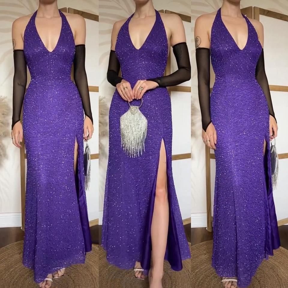 Purple beaded halter-neck evening dress uk 12 – Scum Vintage