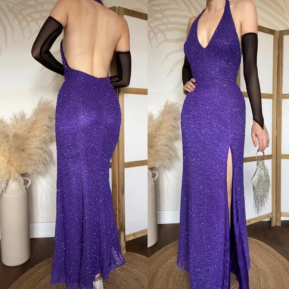 Purple beaded halter-neck evening dress uk 12 – Scum Vintage