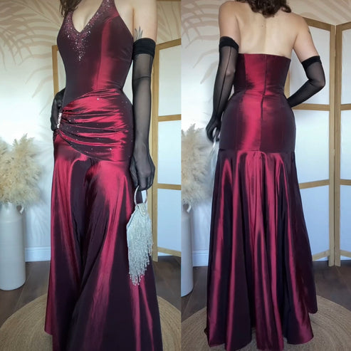 Jora Collection dark red halter neck prom dress uk 8 – Scum Vintage