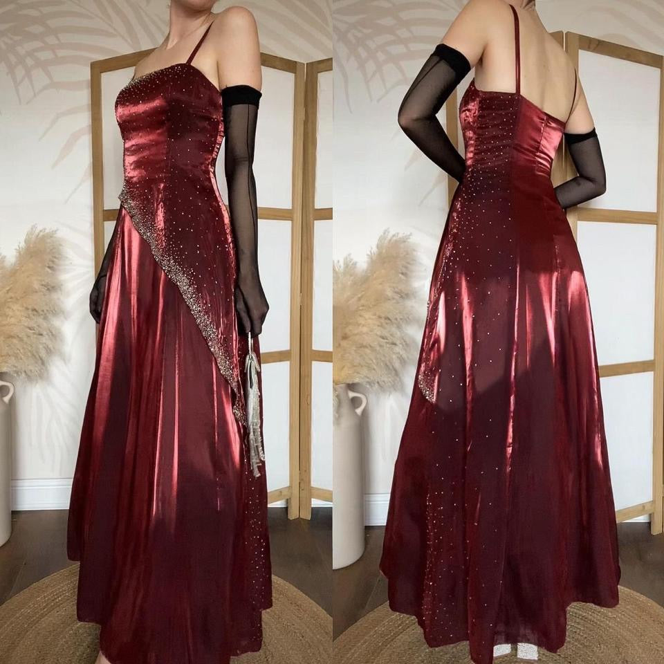 Shimmery red beaded a-line prom dress & shawl uk 10 – Scum Vintage