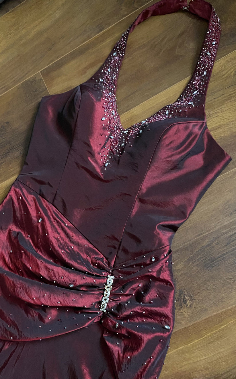Jora Collection dark red halter neck prom dress uk 8 – Scum Vintage