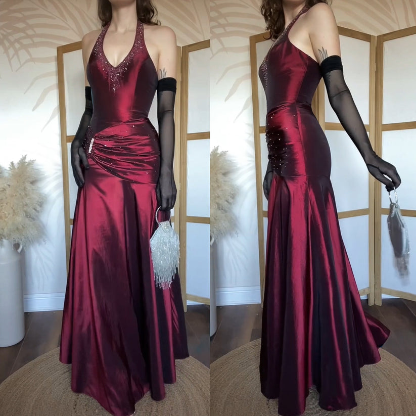 Jora Collection dark red halter neck prom dress uk 8 – Scum Vintage