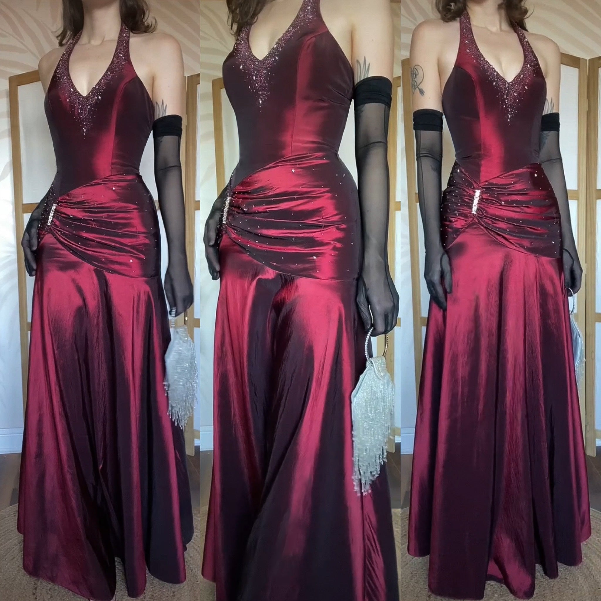 Jora Collection dark red halter neck prom dress uk 8 – Scum Vintage