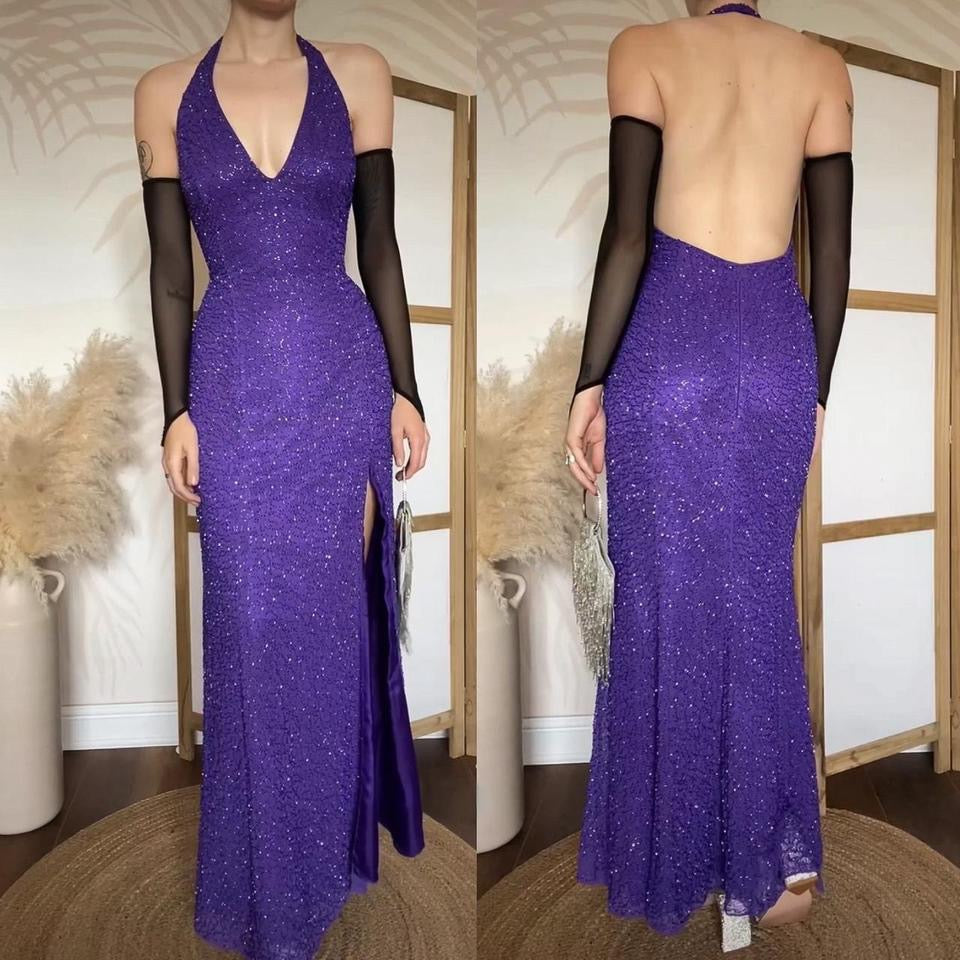 Purple beaded halter-neck evening dress uk 12 – Scum Vintage