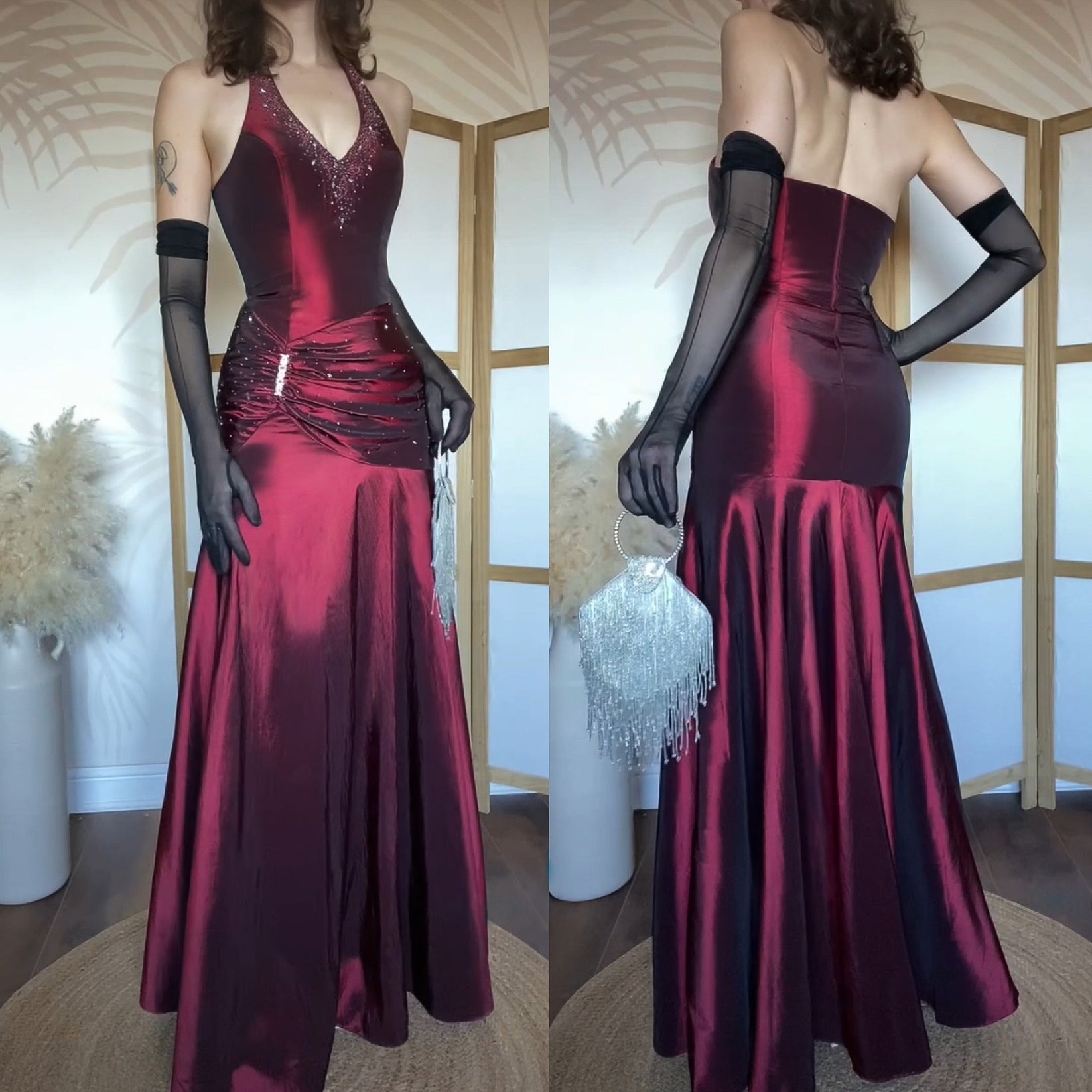 Jora Collection dark red halter neck prom dress uk 8 – Scum Vintage