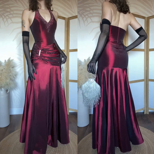 Jora Collection dark red halter neck prom dress uk 8 – Scum Vintage
