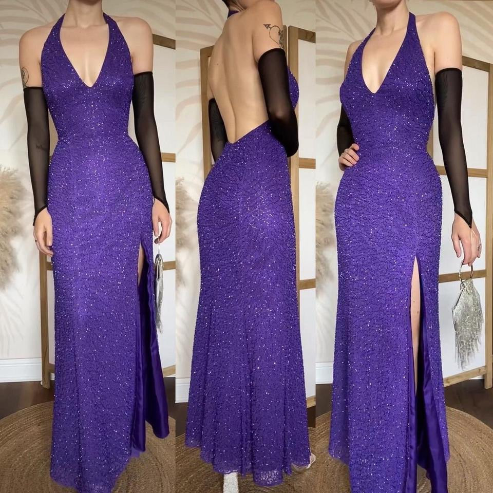 Purple beaded halter-neck evening dress uk 12 – Scum Vintage