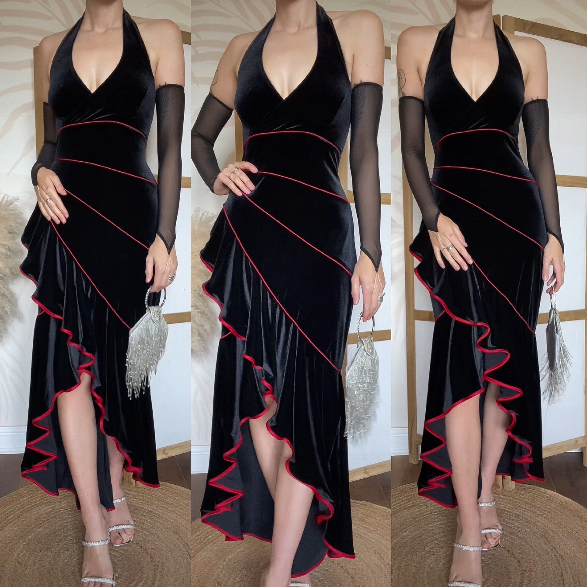 Vintage Niki Livas black velvet halter neck gown UK 14 – Scum Vintage