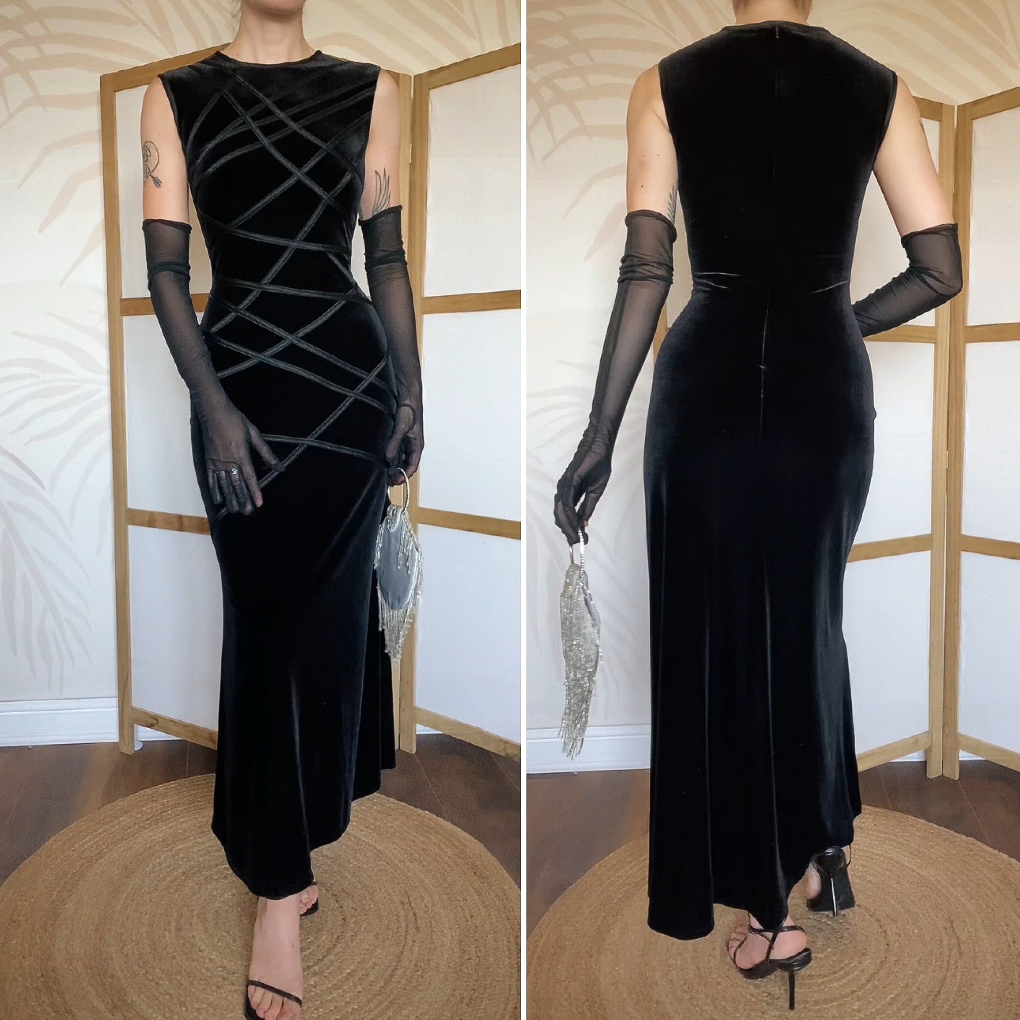 Simon Ellis black velvet stretch evening dress uk 14 – Scum Vintage
