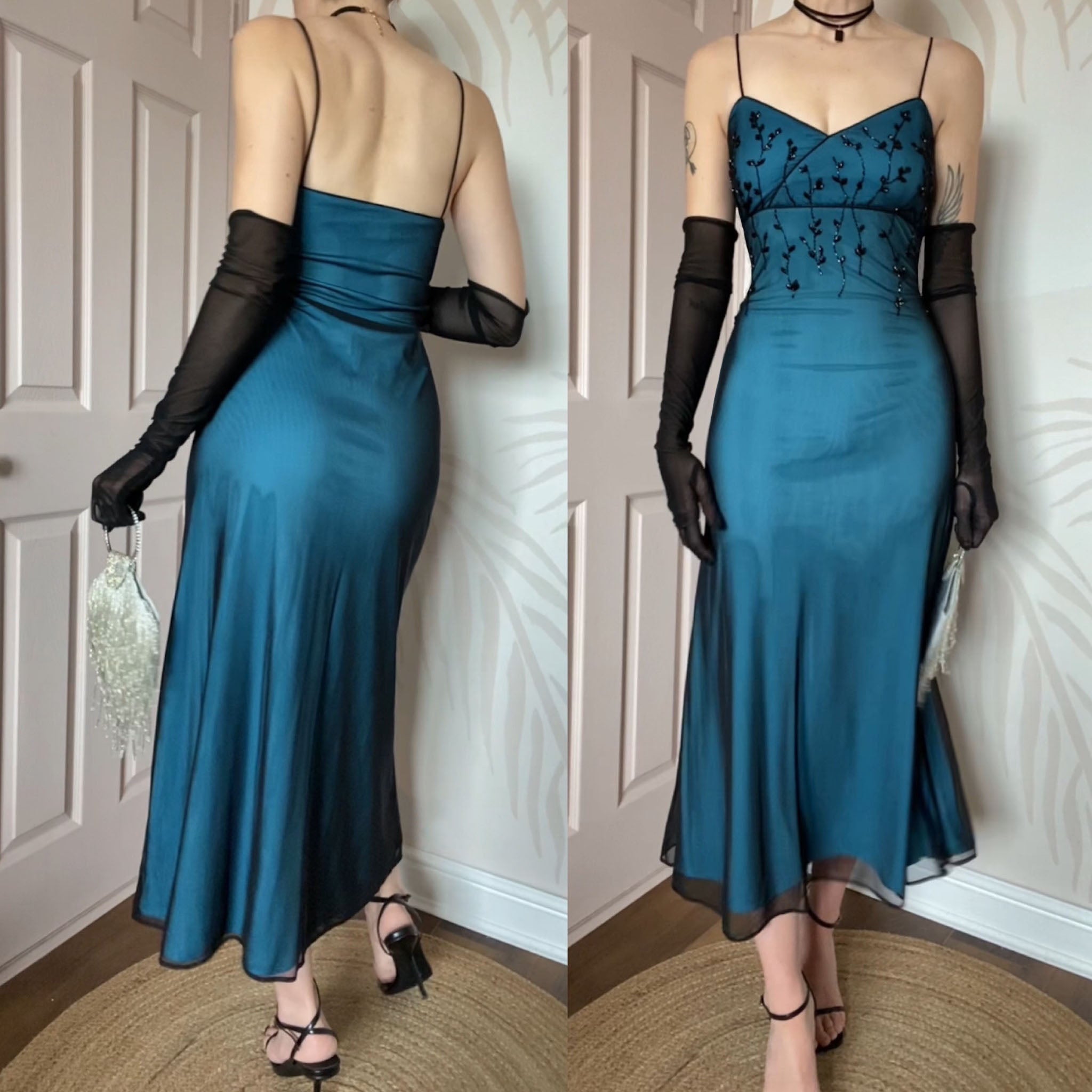 Kaleidoscope blue stretch beaded evening dress UK 14 – Scum Vintage